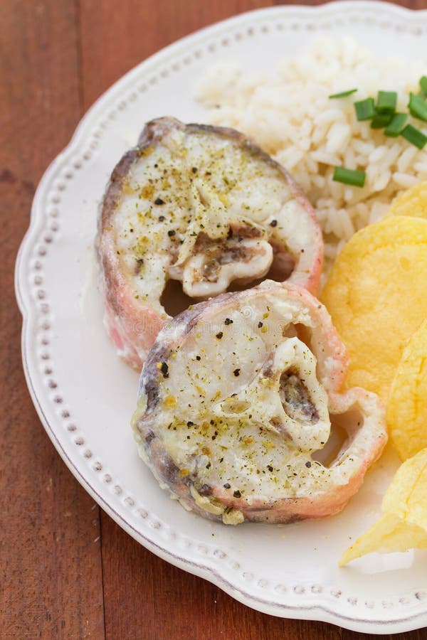 Fish with Boiled Rice and Potato Stock Photo - Image of tasty, garnish ...