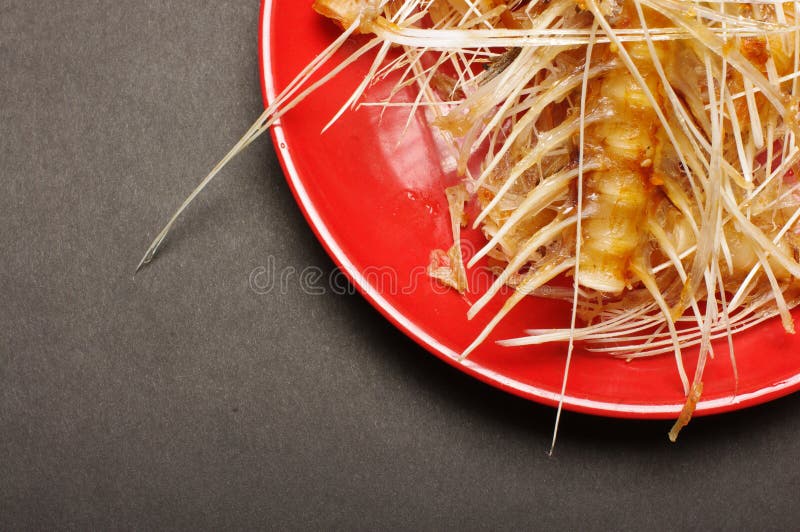Fish Bones in the Red Plate on the Dark Background Stock Photo - Image ...