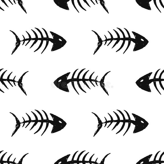 Fish Bones Seamless Pattern. Fish Skeleton Doodle, Hand Drawn Cartoon Vector Illustration Stock ...