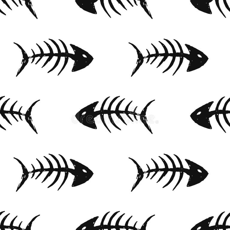 Fish Bones Seamless Pattern. Fish Skeleton Doodle, Hand Drawn Cartoon ...