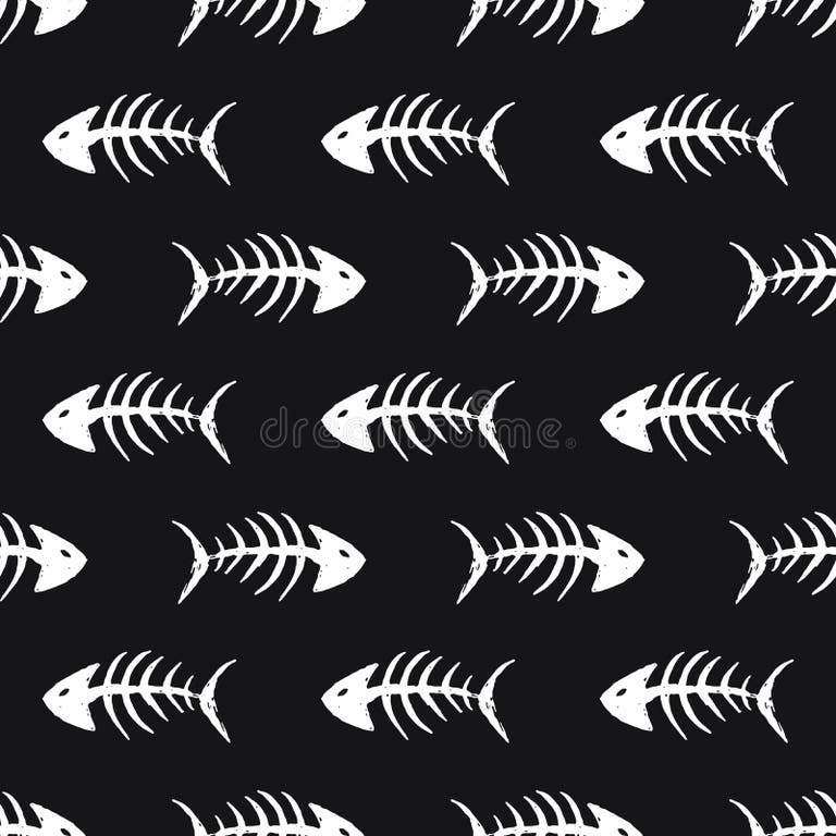 Fish Bones Seamless Pattern. Fish Skeleton Doodle, Hand Drawn Cartoon Vector Illustration Stock ...
