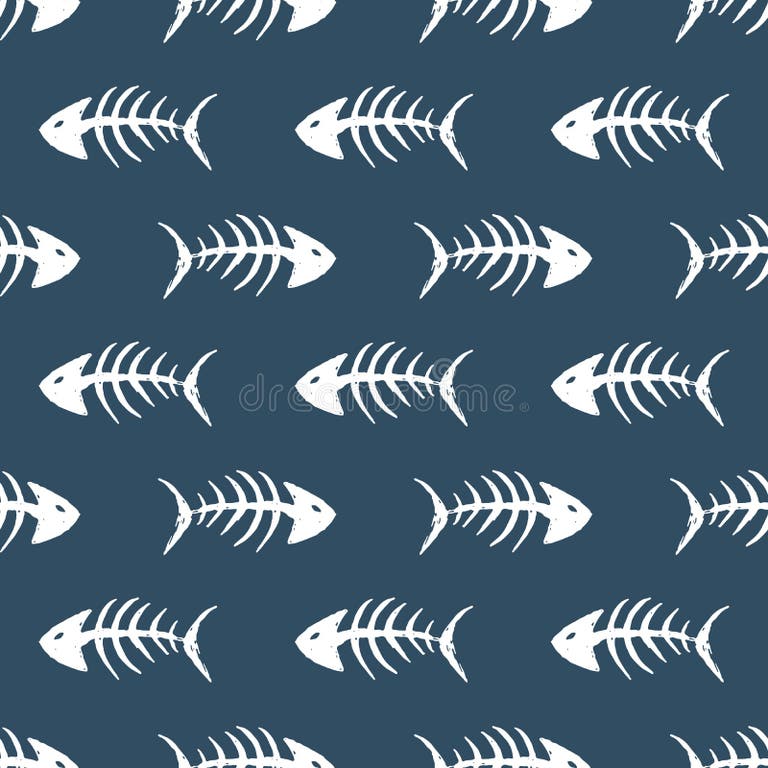 Fish Bones Seamless Pattern. Fish Skeleton Doodle, Hand Drawn Cartoon Vector Illustration Stock ...
