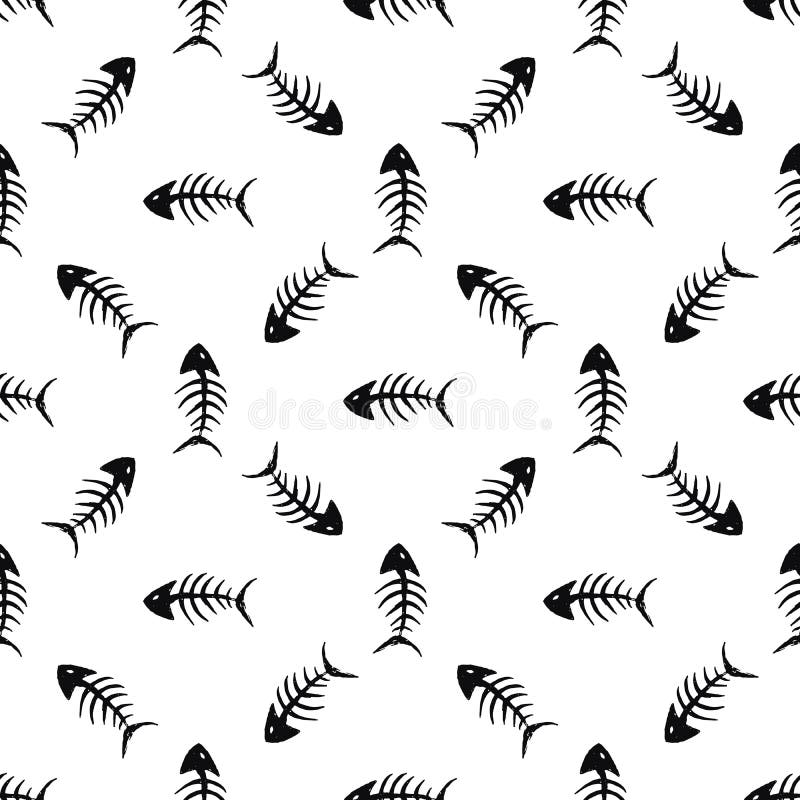Fish Bones Seamless Pattern. Fish Skeleton Doodle, Hand Drawn Cartoon ...