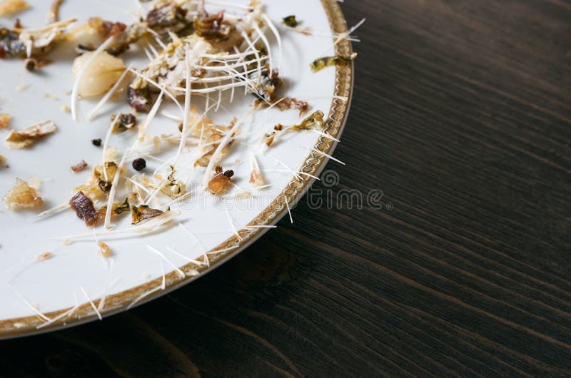 Fish Bones on a Single White Plate. Wooden Table Background. Copy Space ...