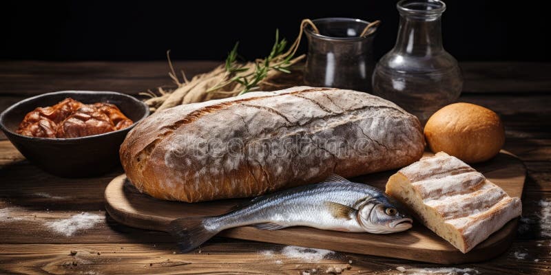 A Fish and Bread on a Cutting Board Stock Illustration - Illustration ...