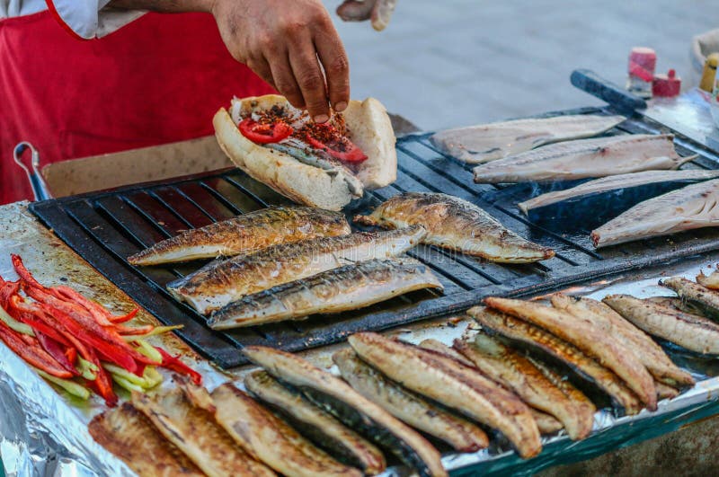 Fish in bread, Istanbul stock image. Image of tomato - 50820809