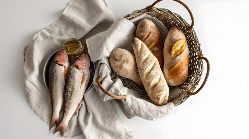 Fish and Bread in a Rustic Setting, Simple Meal Concept. White ...