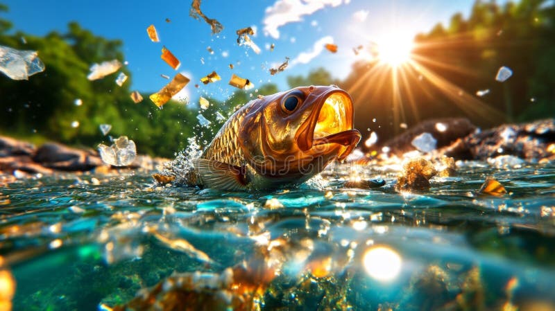 A Fish Breaking the Surface of Water Surrounded by Scattered Debris and ...