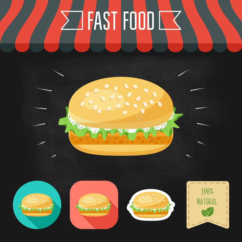 Fish Burger Icon on a Chalkboard. Set of Icons and Eco Label. Flat ...