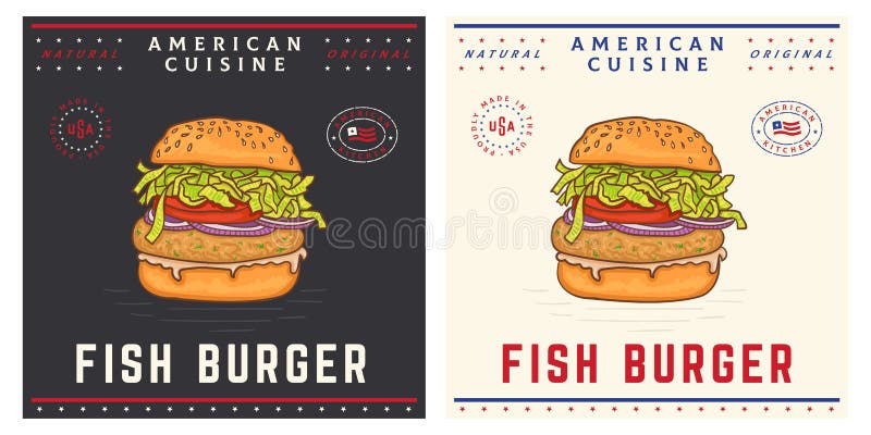 Fish Burger Sandwich Menu Cartoon Illustration Stock Vector ...