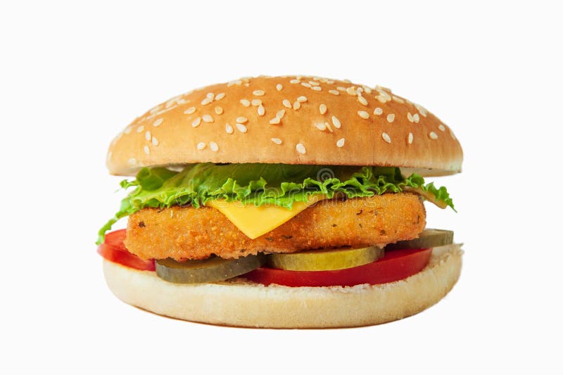 Fish Burger with Vegetables Isolated on White Background. Stock Image ...