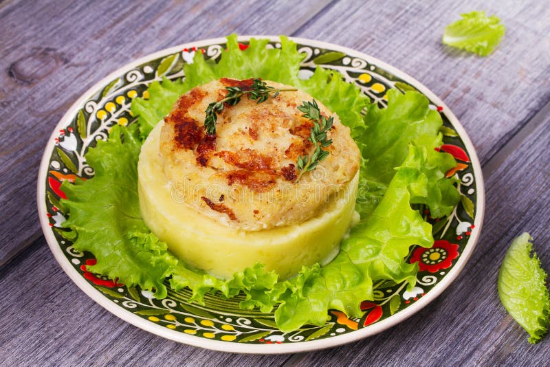 Fish Cake with Mashed Potato and Lettuce. Stock Image - Image of lunch ...