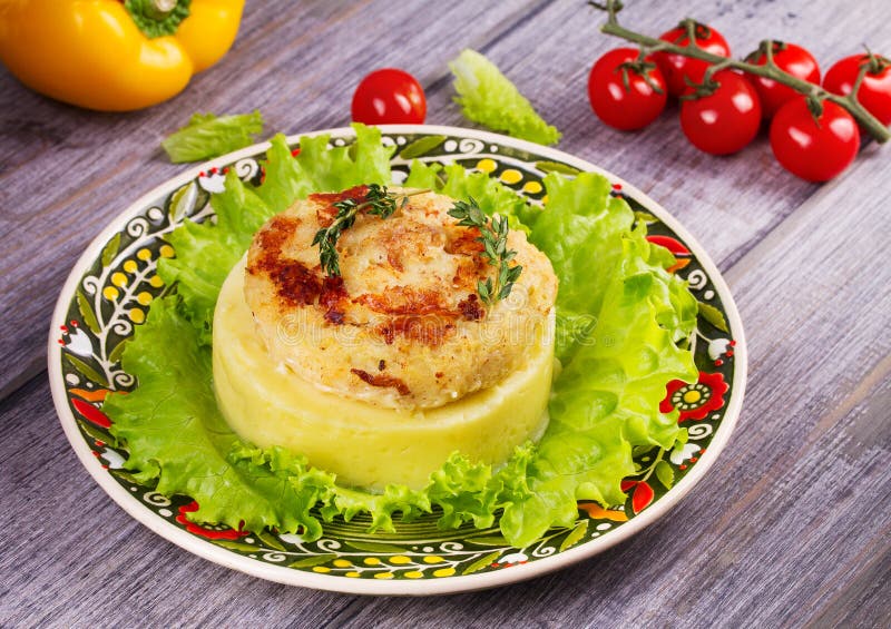 Fish Cake with Mashed Potato and Lettuce. Stock Image - Image of fried ...