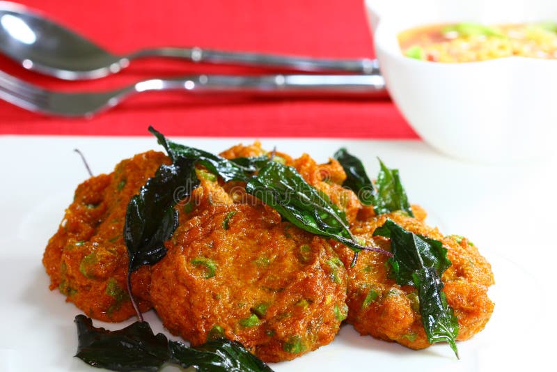 Fish Cake, Thai Style Fish Cake Served with Crispy Basil Leaf. Stock ...