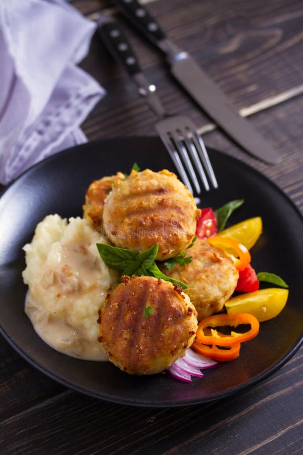 Fish Cakes with Mashed Potatoes and Vegetables. Fish Patties. Fried ...