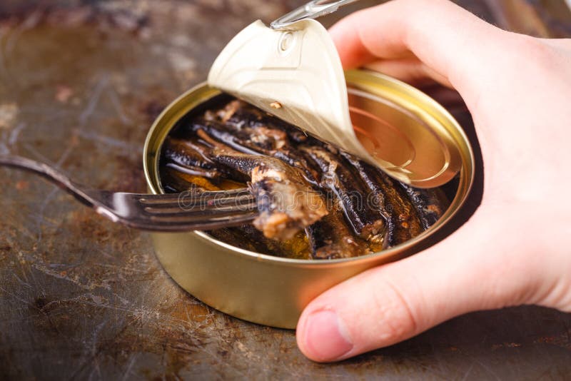 Fish Can with Can Opener on Wooden Table Stock Image - Image of cooking ...