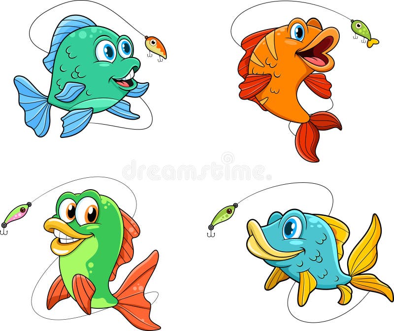 Fish Cartoon Characters Fishing. Vector Hand Drawn Collection Set Stock ...
