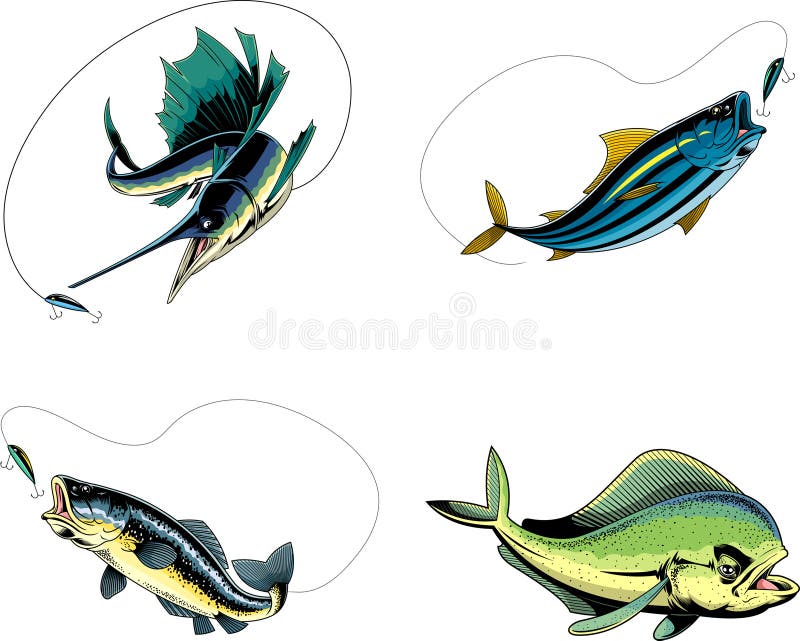 Fish Cartoon Characters Fishing. Vector Hand Drawn Collection Set Stock ...