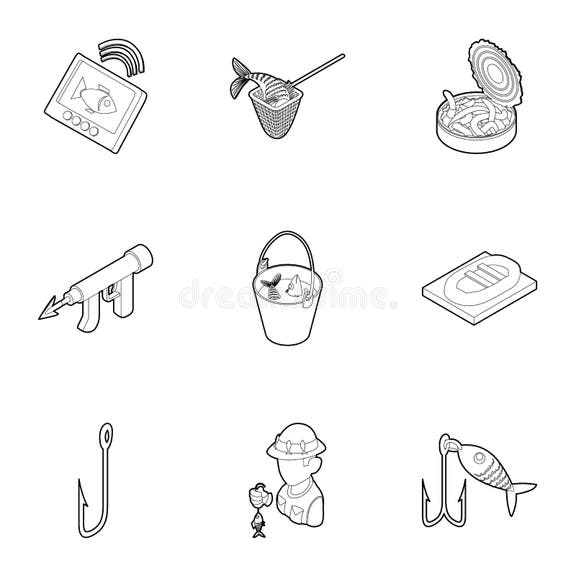 Fish Catch Icons Set, Outline Style Stock Vector - Illustration of ...