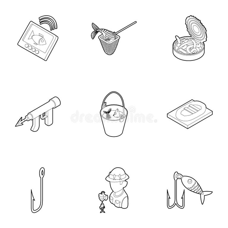 Fish Catch Icons Set, Outline Style Stock Vector - Illustration of ...
