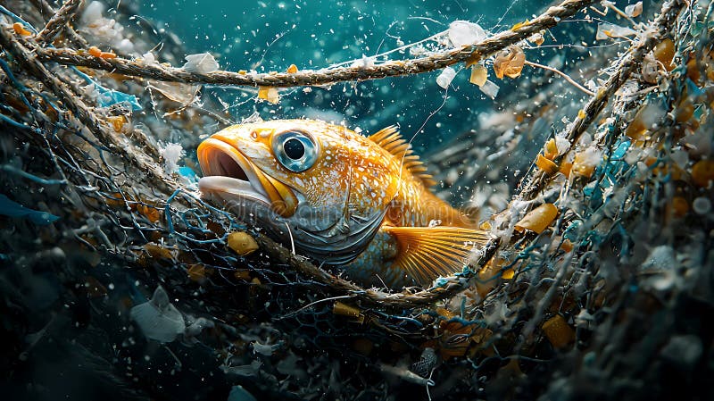 Fish Caught in Net Surrounded by Plastic Debris, Showcasing Ocean ...
