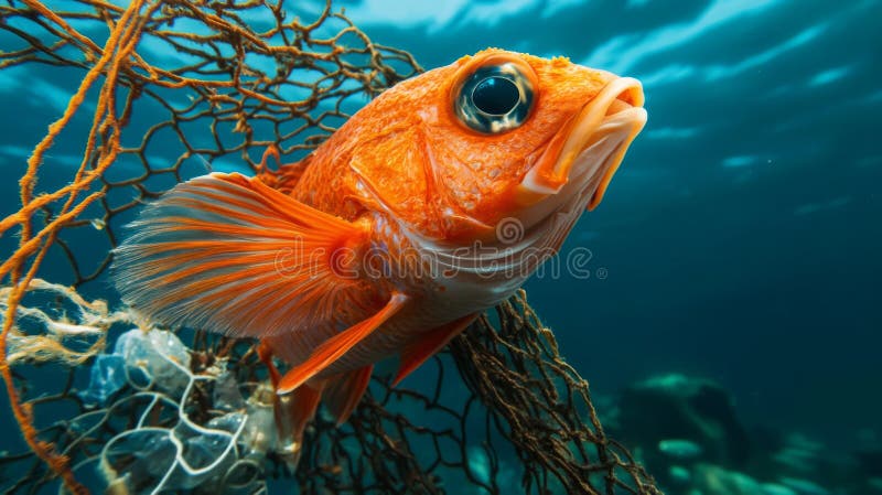 A Fish Caught in a Tangled Fishing Net in the Ocean Stock Illustration ...