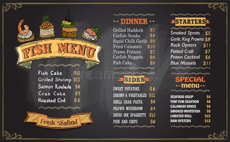Fish Chalk Menu Blackboard Vector Template with Dinner Stock Vector ...