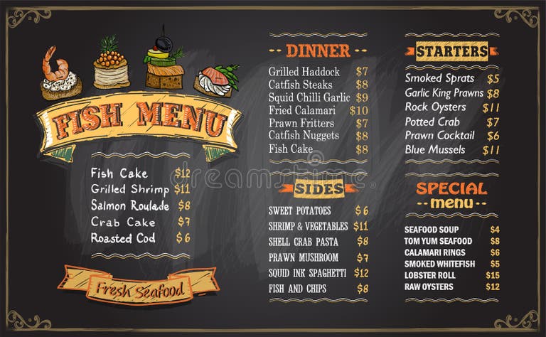 Fish Chalk Menu Blackboard Vector Template with Dinner Stock Vector ...