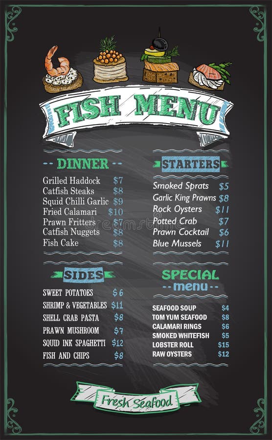 Fish Chalk Menu Board Vector Mockup with Dinner Stock Vector ...