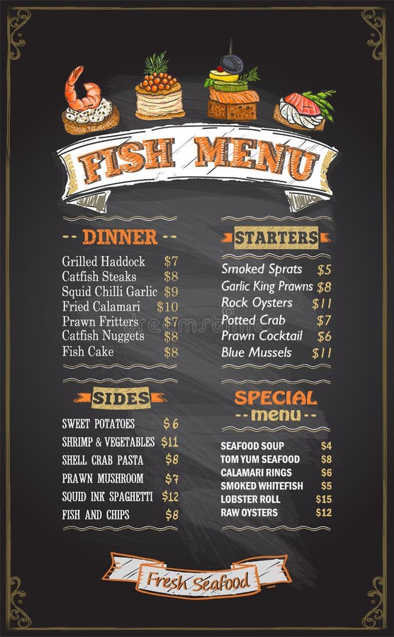 Fish Chalk Menu Board Vector Mockup with Dinner, Starters, Sides and ...