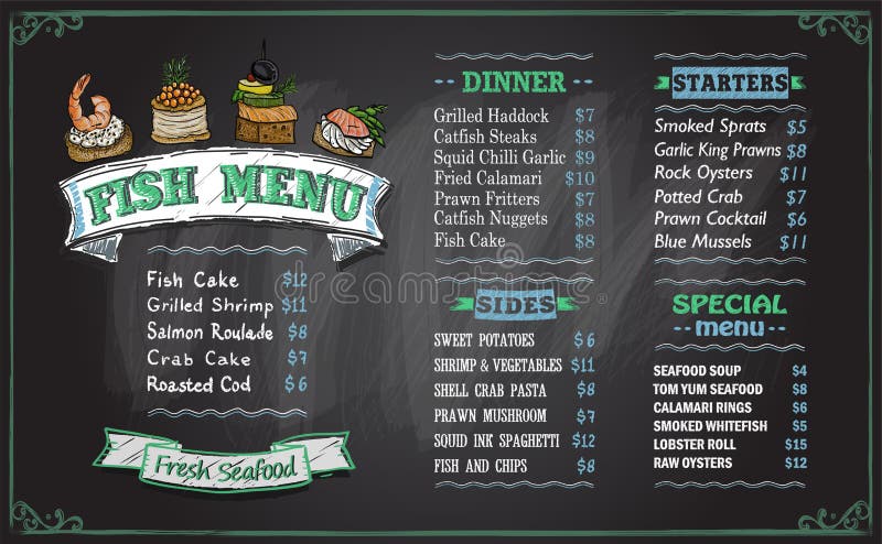 Fish Menu Elements and Symbols Set, Hand Drawn Graphic Illustration ...