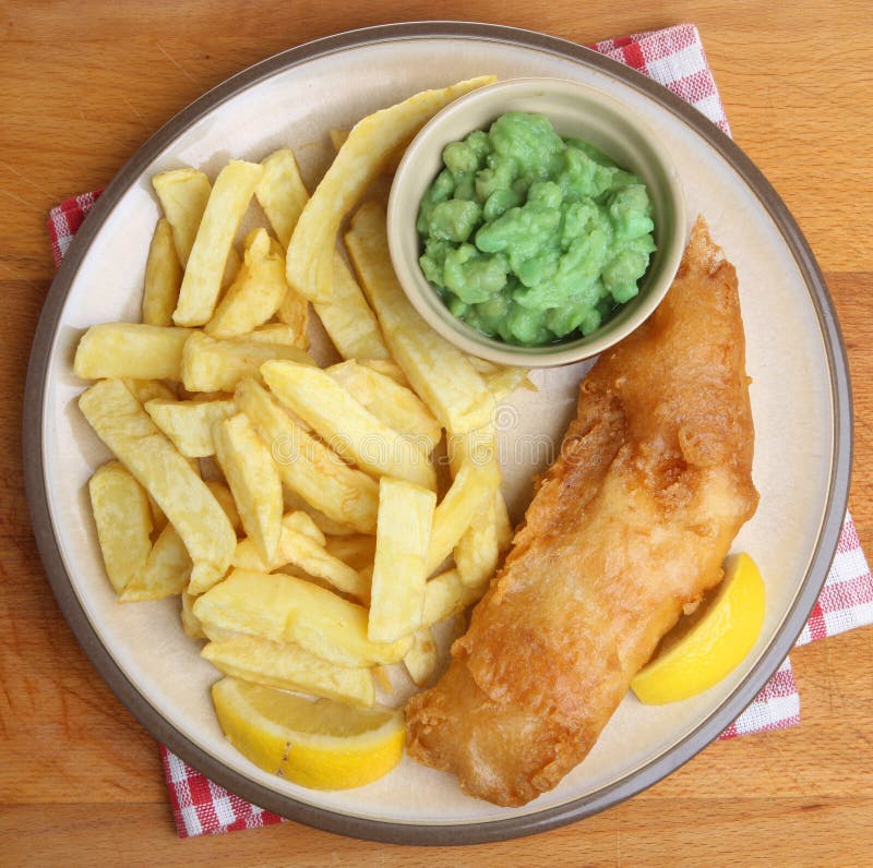 Fish, Chips and Mushy Peas stock photo. Image of crispy - 33621032