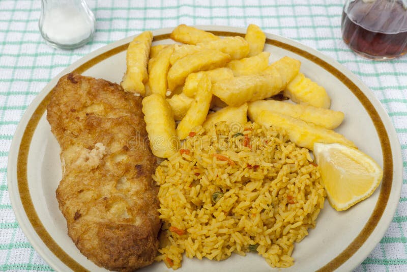 Fish and Chips on a Plate with Savoury Rice Stock Image - Image of meat ...