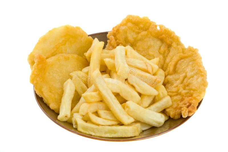 Fish, Chips and Potato Cakes Stock Photo - Image of dish, fish: 9573564