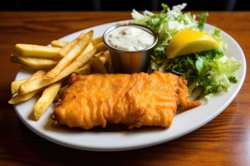 Fish and Chips with a Side of Green Salad Stock Image - Image of ...