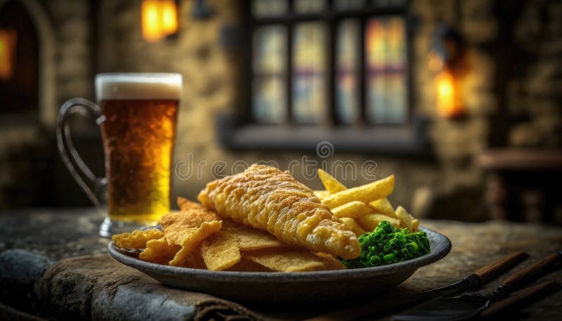 Fish Chips on Stone, Blurred Background, Rustic Pub. Generative AI ...