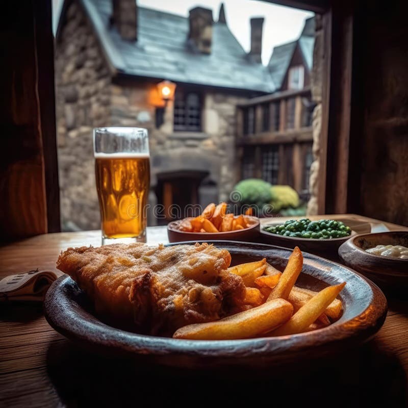 Fish and Chips on Stone in Rustic Pub. Generative AI Stock Illustration ...