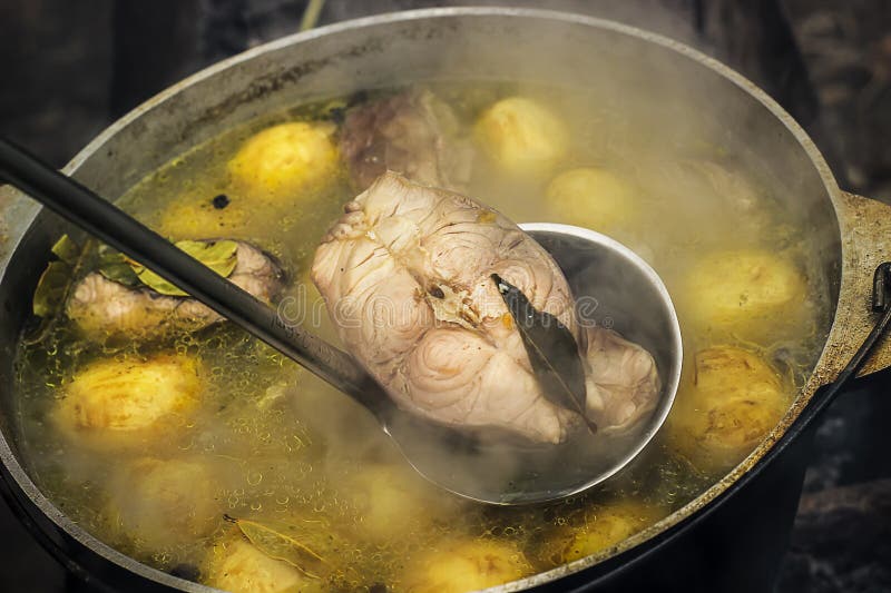 Fish Chowder in Cast Iron Pot Stock Photo - Image of green, cooking ...
