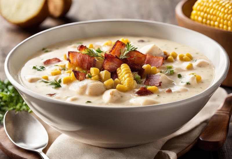 A Fish Chowder with Potatoes, Corn, Bacon, and Cream Stock Illustration ...