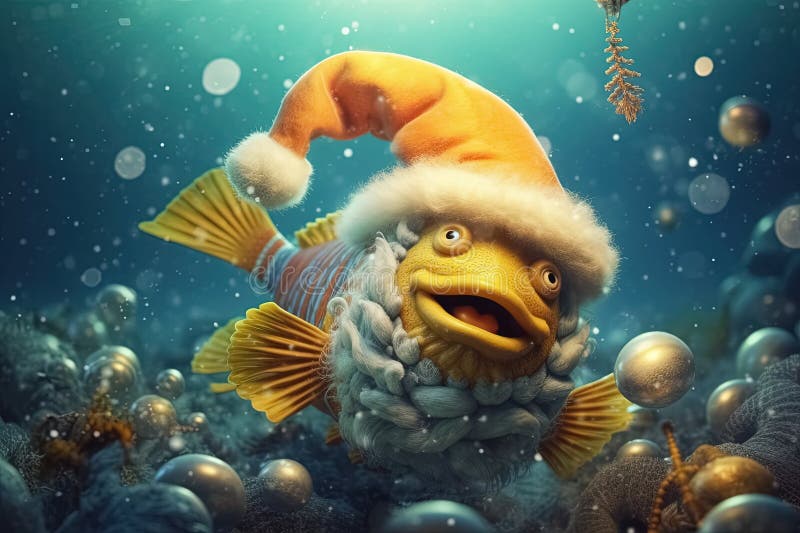 Fish in a Christmas Hat, Merry Christmas Card. Stock Illustration ...