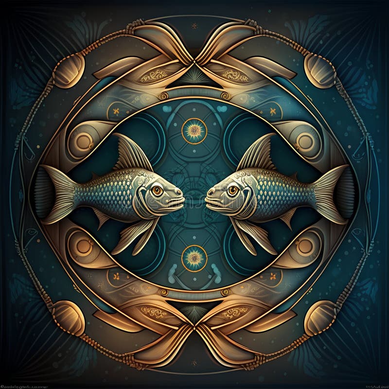 Fish in a Circle with Gold Ornament on a Dark Blue Background. Stock ...