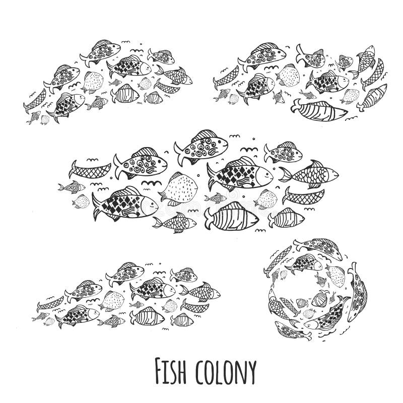 Fish Colony Set with Different Shapes in Doodle Cartoon Style Stock ...