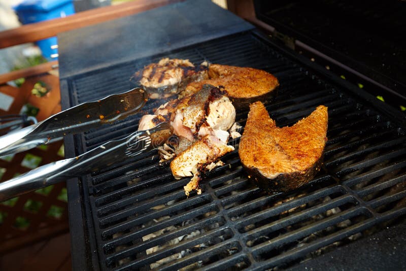 Fish Cooking on Barbecue Grill. Stock Image - Image of roasted ...