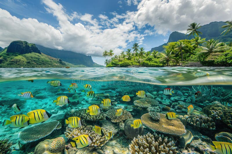 Fish on a Coral Reef in a Tropical Lagoon. French Polynesia Stock ...
