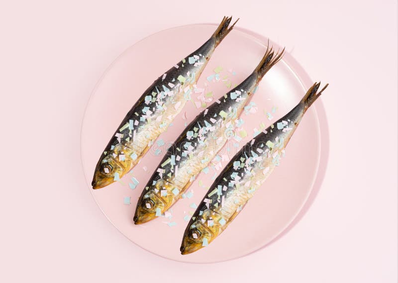 Fish Covered Microplastic on a Pink Plate. Impact of Micro Plastic on ...