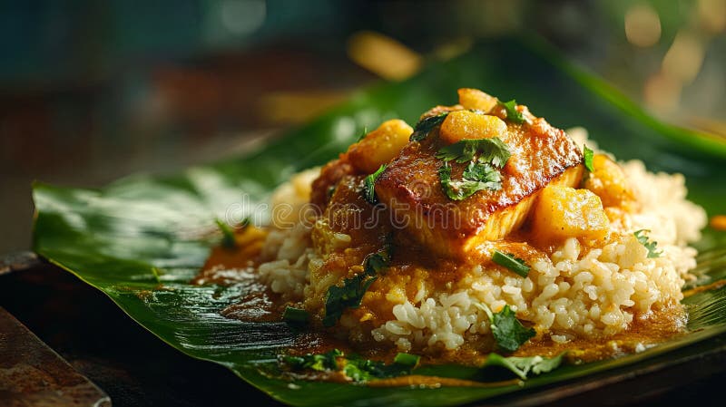 Fish Curry and Rice on Banana Leaf with Warm Shadows Stock Image ...