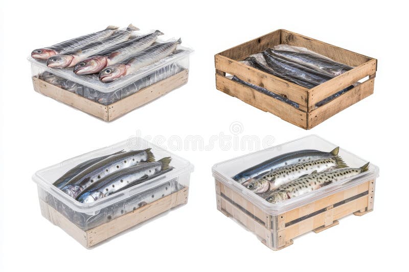 Fish in Cutouts Packed in Plastic and Wooden Crates Stock Illustration ...