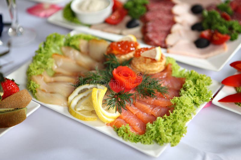 Fish Delicacies on Laid Table Stock Image - Image of banquet ...