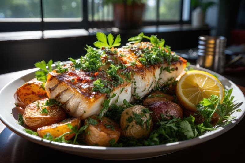 Fish Dish - Baked Cod Fillet with Fried Vegetables. Served with Lemon ...