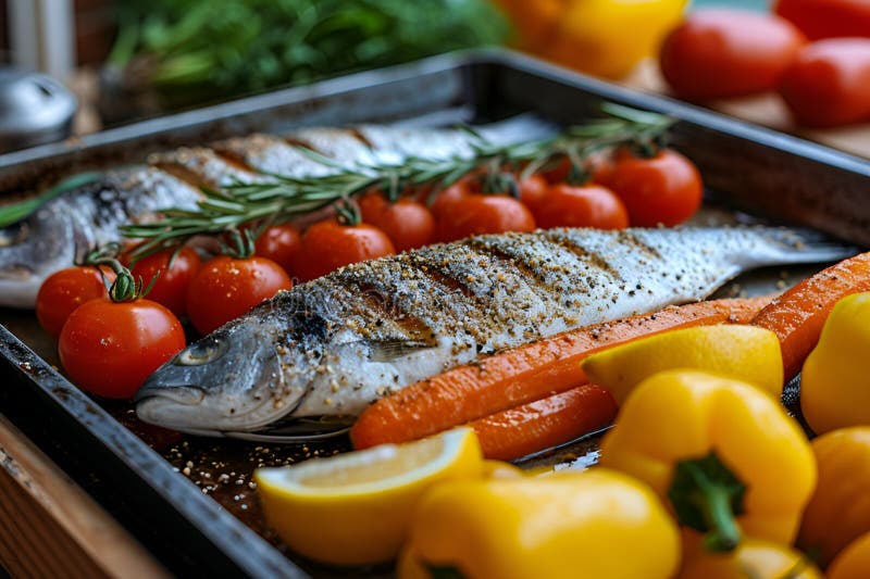 Fish Dish Cooking with Various Ingredients. Health Concept Stock ...